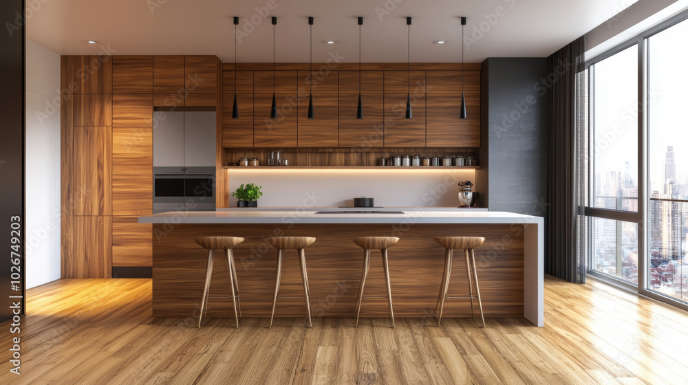 A simple, modern kitchen design with wood accents and a parquet floor ...