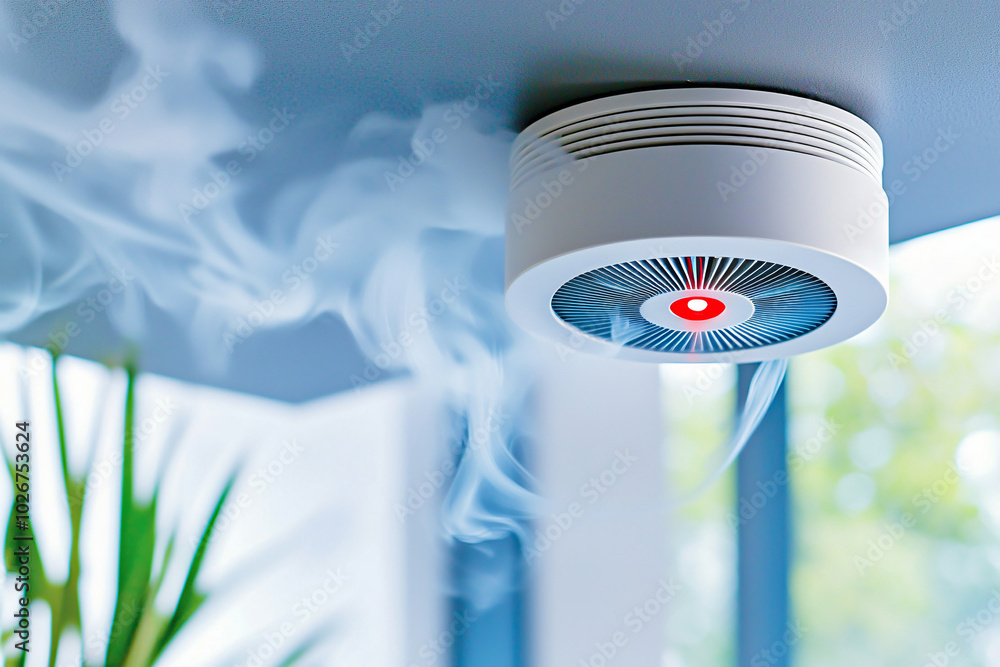 Smoke billowing around ceiling-mounted detector. Flashing red light ...