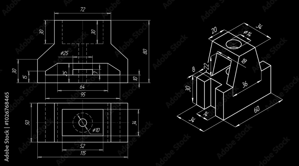 Sketch and 3d model of steel mechanical part with through holes and ...