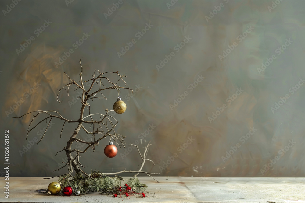 Poor Christmas Tree with Few Ornaments and Twisted Branches Reflecting ...
