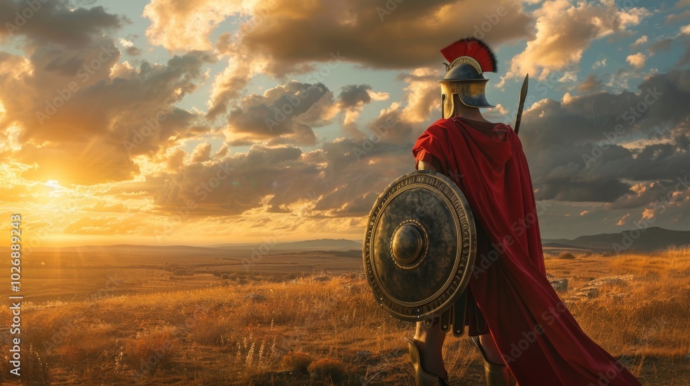 Spartan warrior wearing a red cloak and an iron helmet holding a spear ...