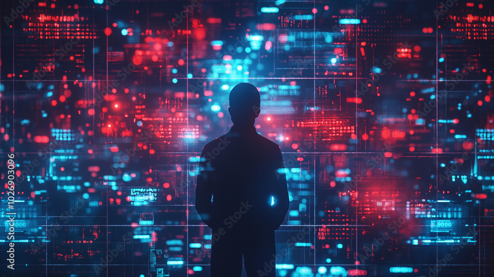 A complex web of code, firewalls, and warning symbols with a hacker ...