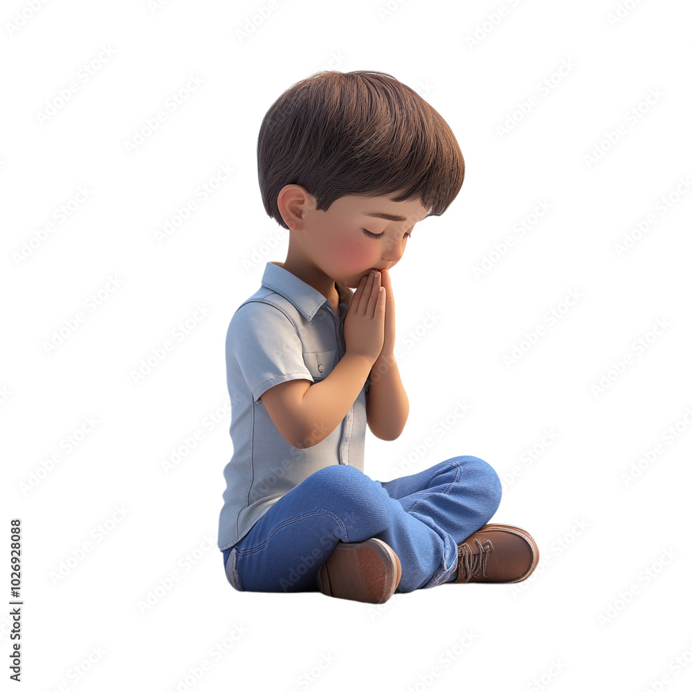 boy kid praying on a transparent background rendered in 8K high detail ...