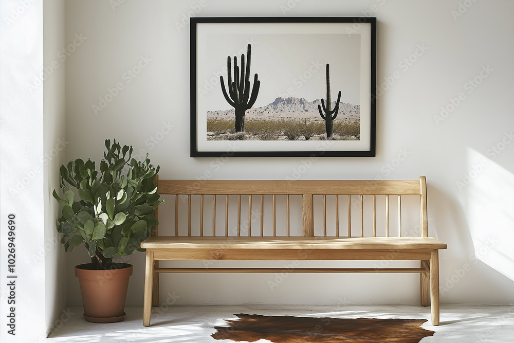 Sunlit room with a wooden bench, potted plant, and cactus art, blending ...