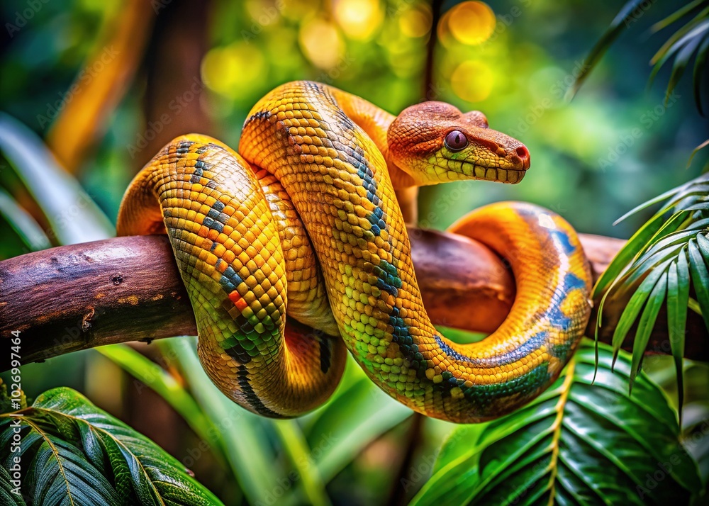 Stunning Reticular Python Coiled on Branch Surrounded by Lush Greenery ...
