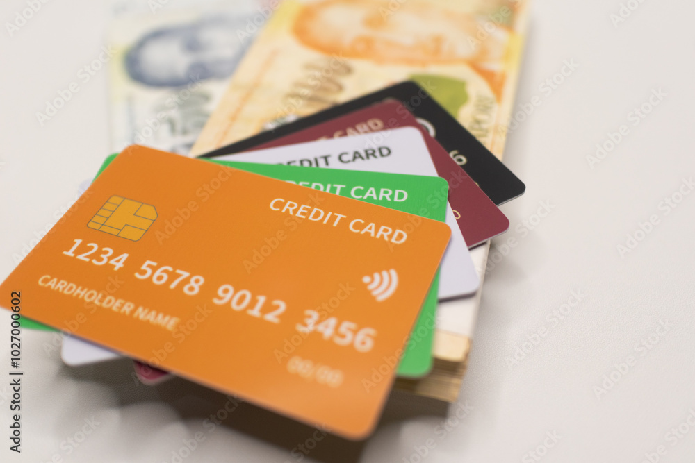 Bright orange credit card placed on a stack of Singapore dollar ...