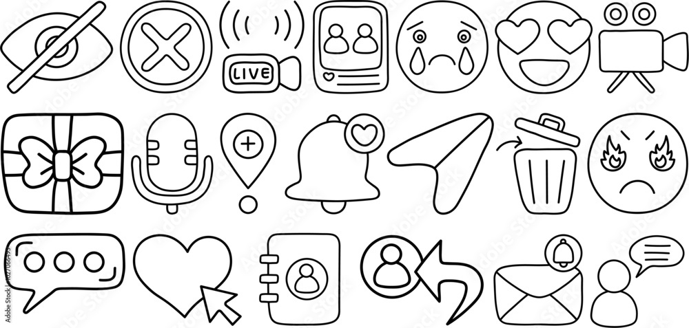 Collection of social media and communication icons, vector line art set ...