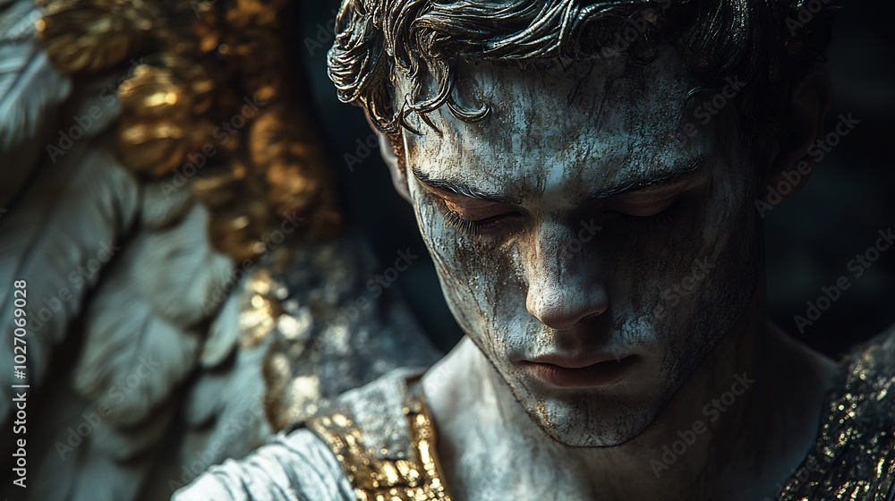 16k detailed CGI statue of a winged muscular man in a toga the white ...