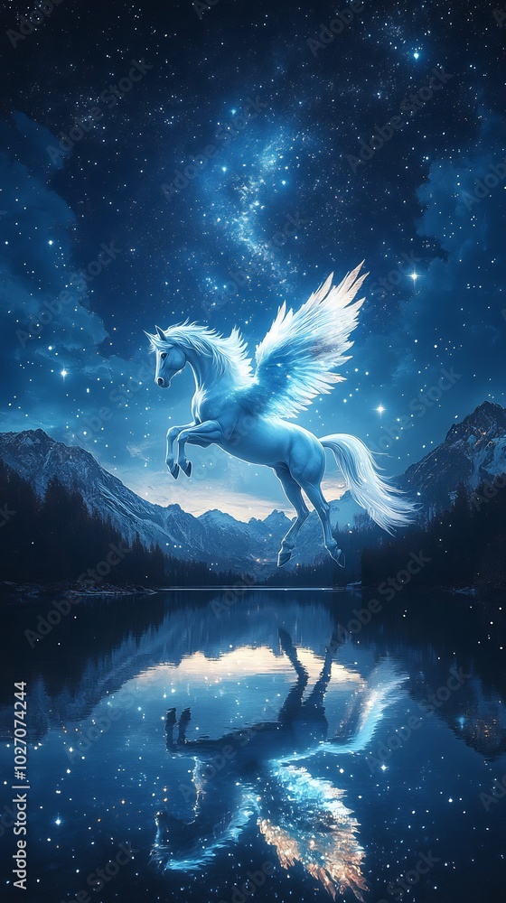 Breathtaking scene of Pegasus on hind legs illuminated by a soft glow ...