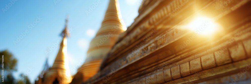Magnificent golden pagodas stand shimmering in sunlight with beams of ...