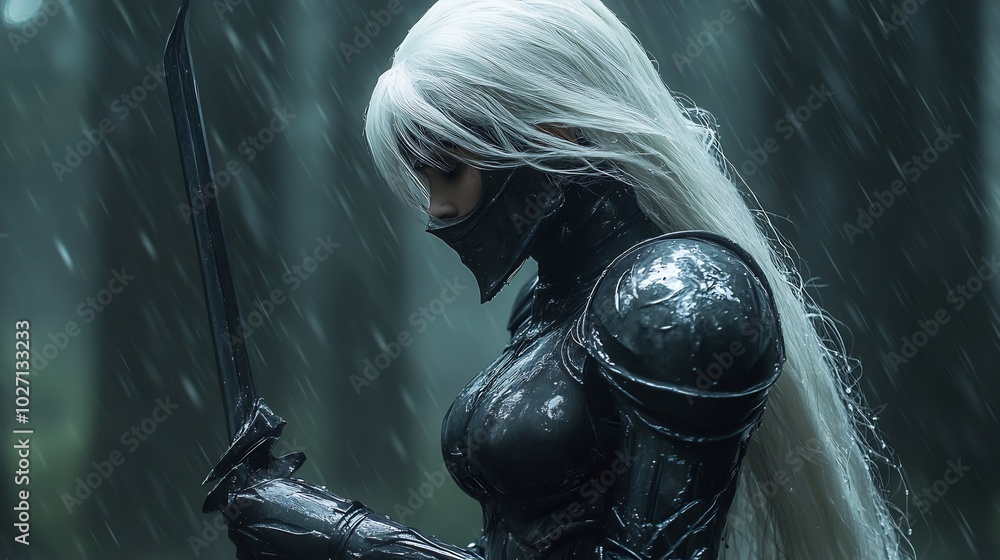 Powerful scene of a woman with long white hair dressed in black mecha ...
