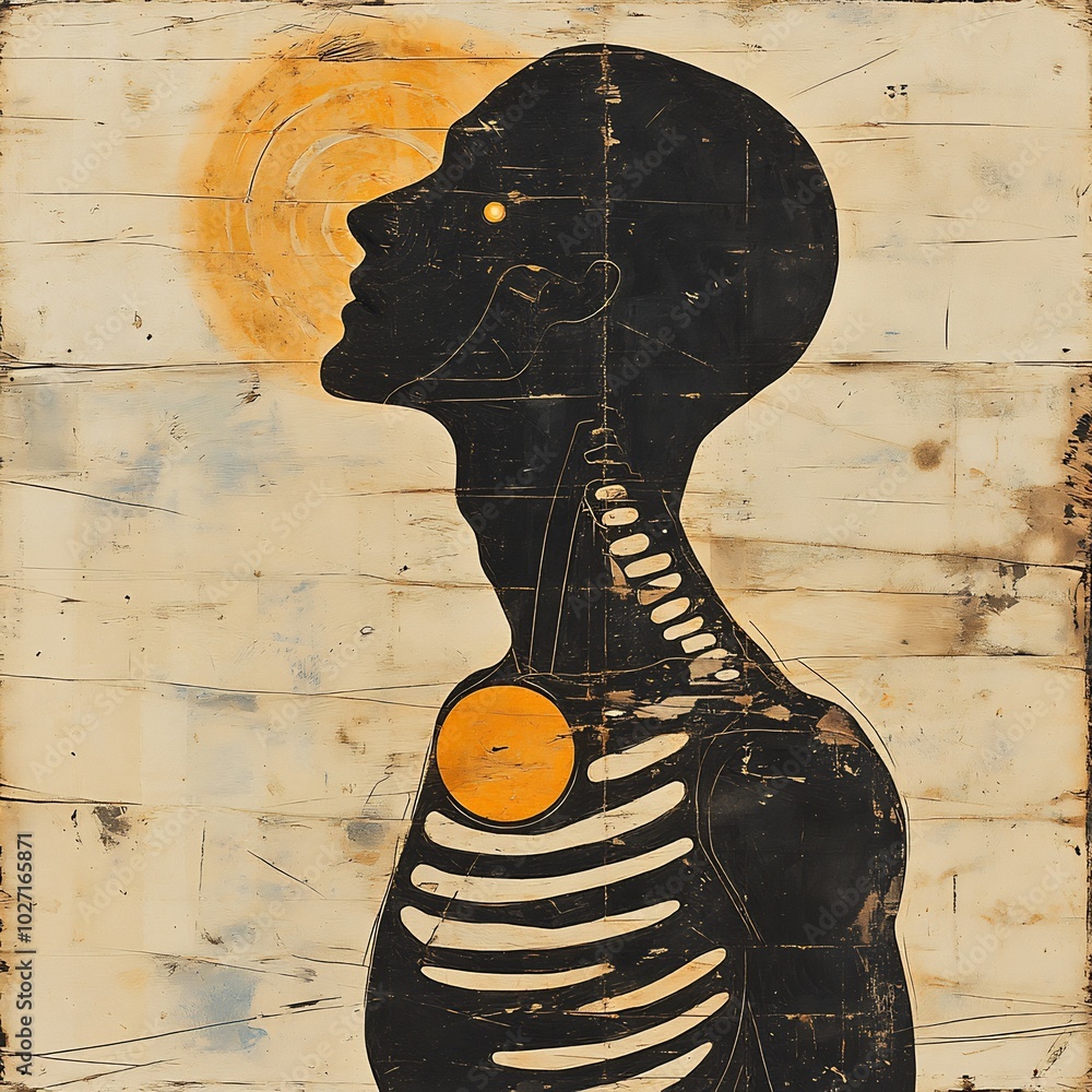 Abstract human figure dissolves into swirling patterns Black lines ...