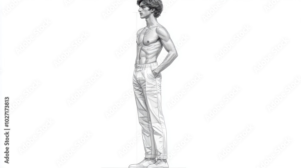 Detailed side profile sketch of a shirtless man with defined muscles ...