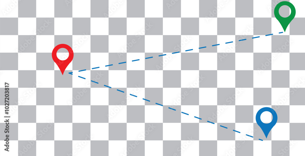 Route location icon, three map pin sign and road or path, start and end ...