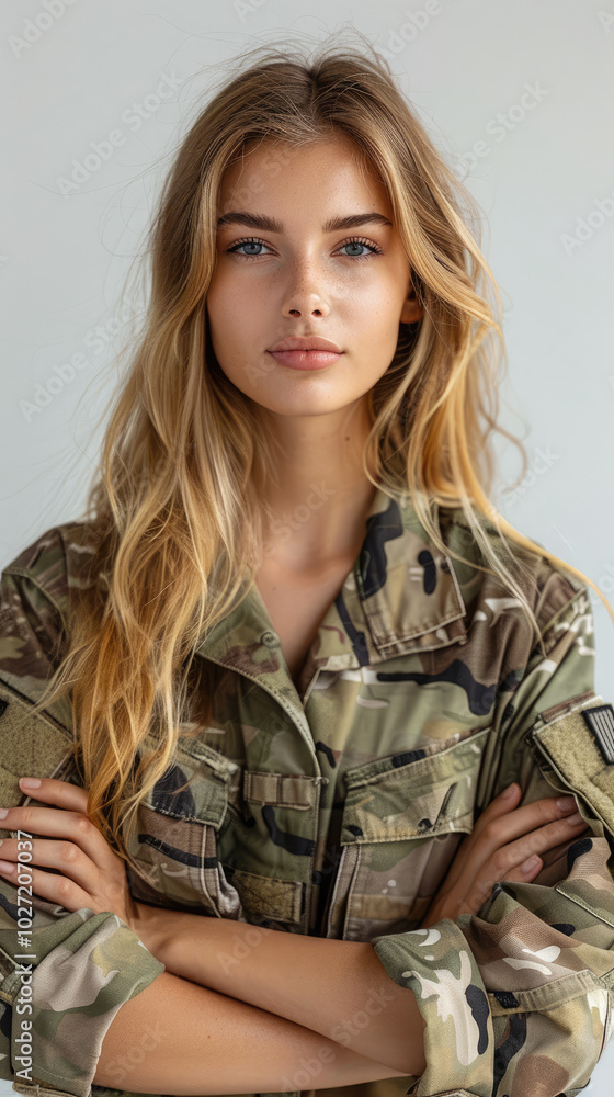 Confident beautiful female soldier with army uniform while doing ...