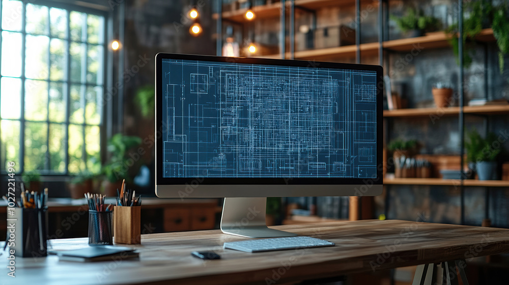 Computer screen showing architectural blueprint in modern home office ...