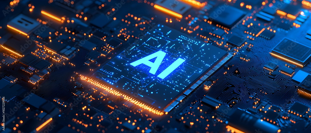 AI Power: Glowing AI logo embedded in a circuit board, signifying ...