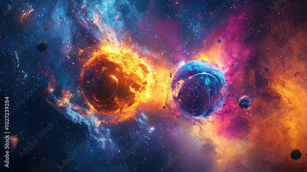 realistic colorful and bold depiction of 2 atom structures colliding in ...