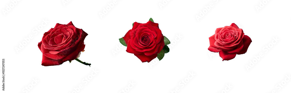 Three red roses, each with a different angle, on a blue background ...