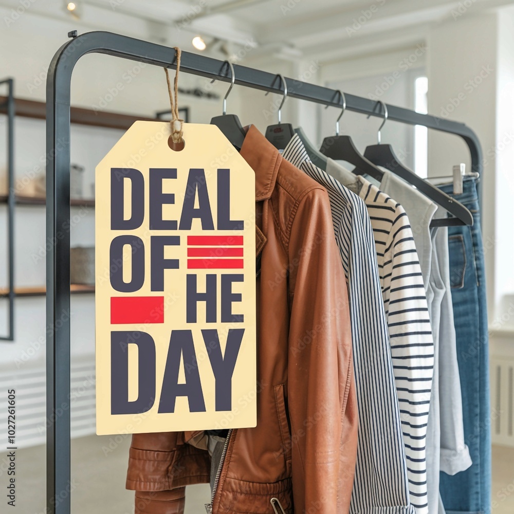 A bold Deal of the Day price tag dangling from a trendy clothing rack ...