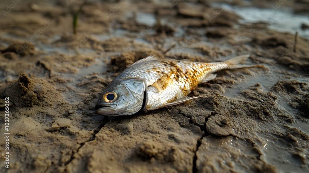 Dying fish in a dried-up riverbed, visualizing the environmental impact ...