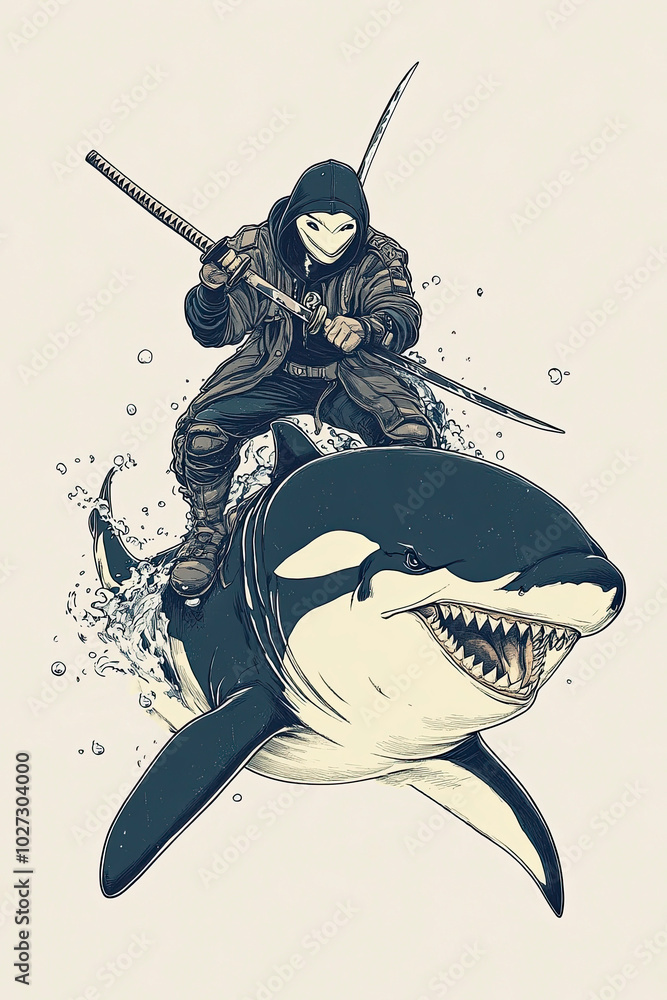 Ninja orca killer whale with katana riding on the back of Orca, a ...