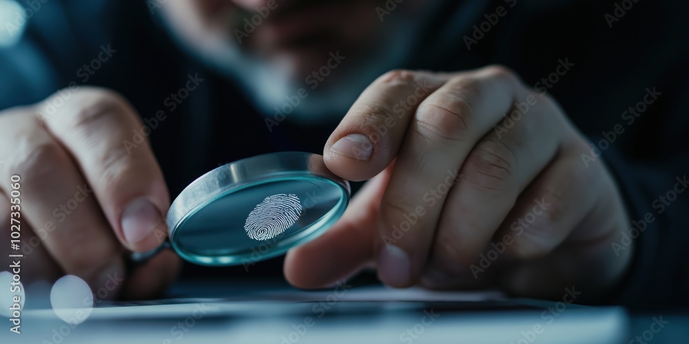 An investigator scrutinizes a fingerprint under a magnifying glass ...