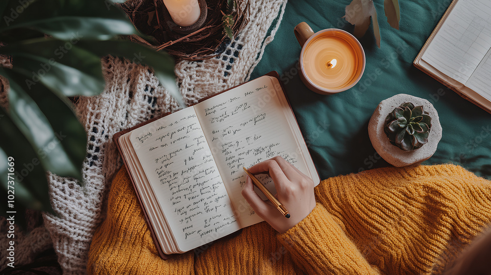Person journaling positive affirmations at a cozy desk, top down view ...