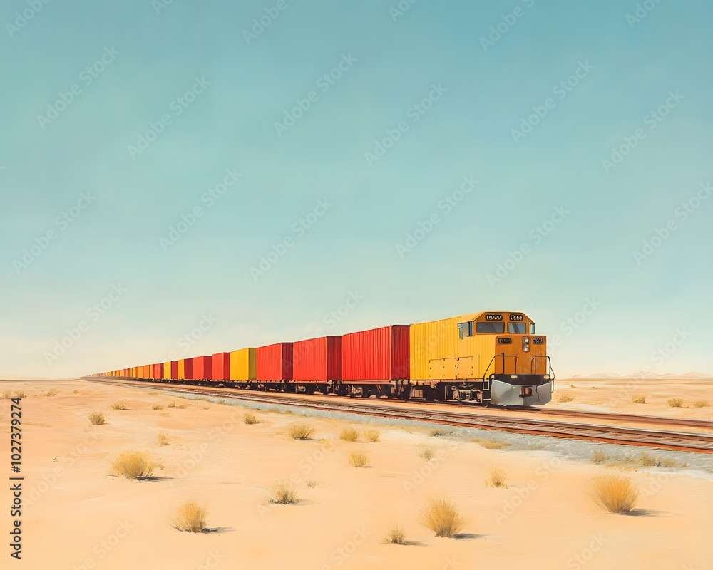 A vibrant cargo train traverses the arid desert landscape under a clear ...