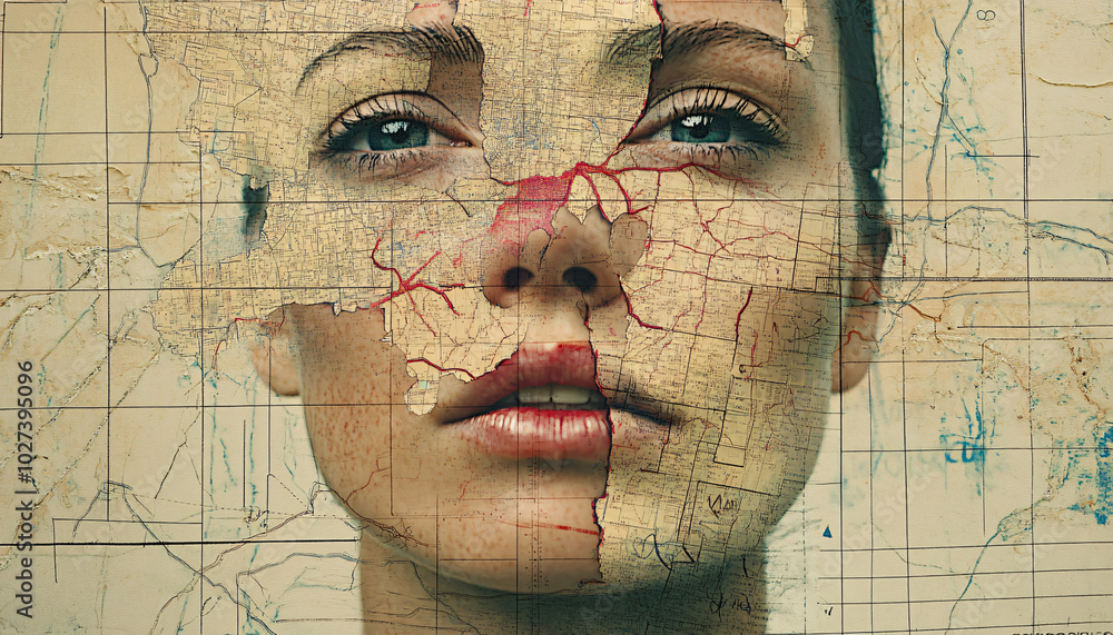 Create portraits where people’s faces are overlaid with maps or grids ...