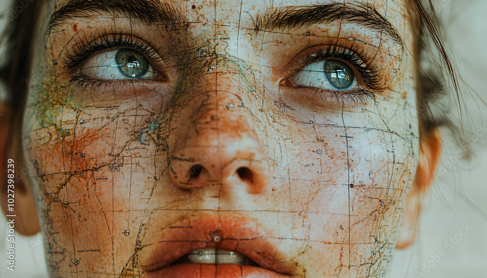 Create portraits where people’s faces are overlaid with maps or grids ...