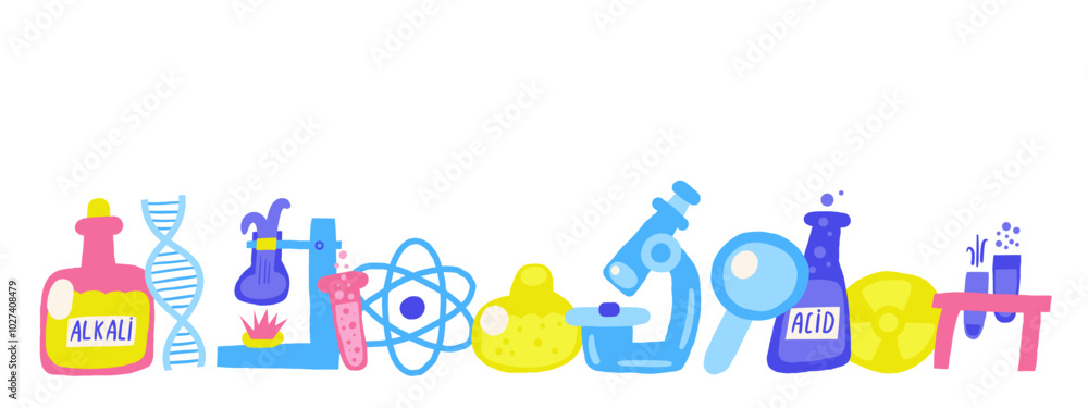 Cute science theme composition, banner with funny hand drawn doodle ...