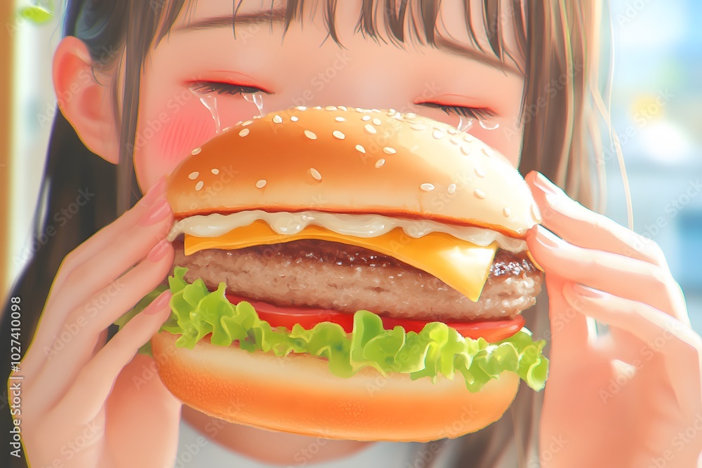 An Asian girl with long hair is eating an extremely large hamburger ...