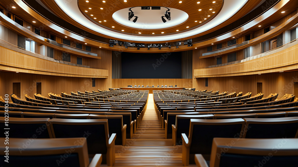 Interior view of a modern auditorium with wooden seating and a large ...