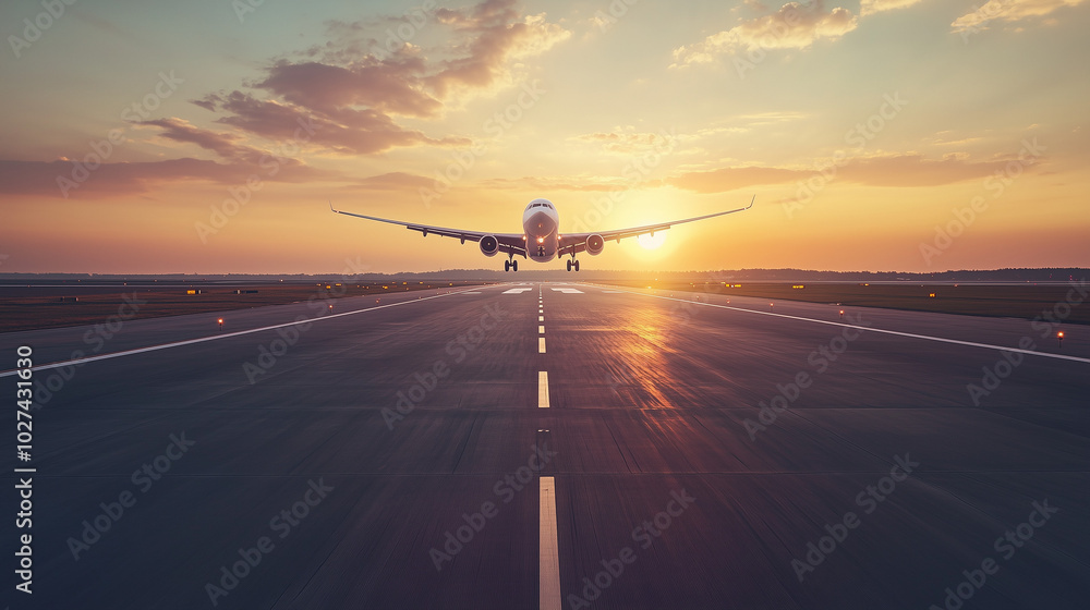 3D render of an airplane taking off from an airport runway at sunset ...