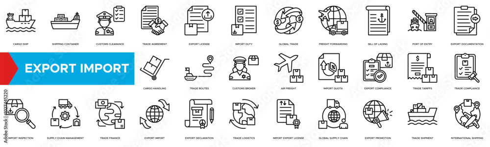 Export Import icon. Cargo Ship, Shipping Container, Customs Clearance ...