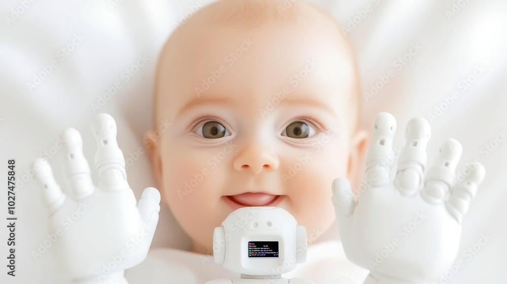 Prodigy of Programming, A newborn engaging with a toy robot, learning ...