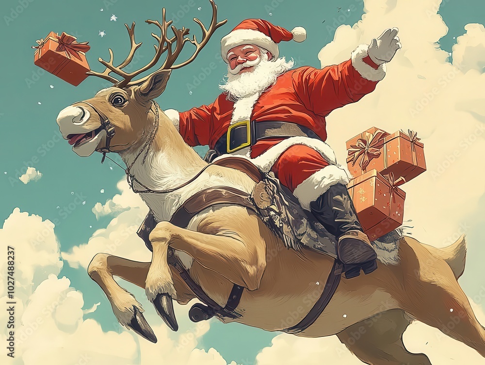 Santa riding a reindeer like a cowboy, presents flying off, with a ...