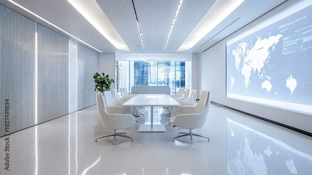 Office, meeting room with minimalist decor, sleek white furniture, and ...
