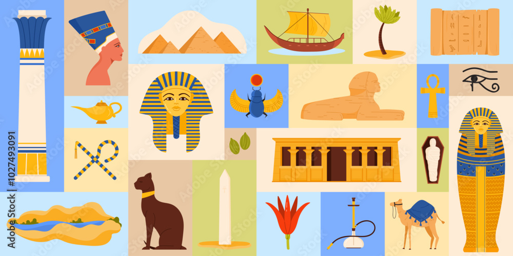Travel to Egypt geometric banner design with ancient Egyptian ...