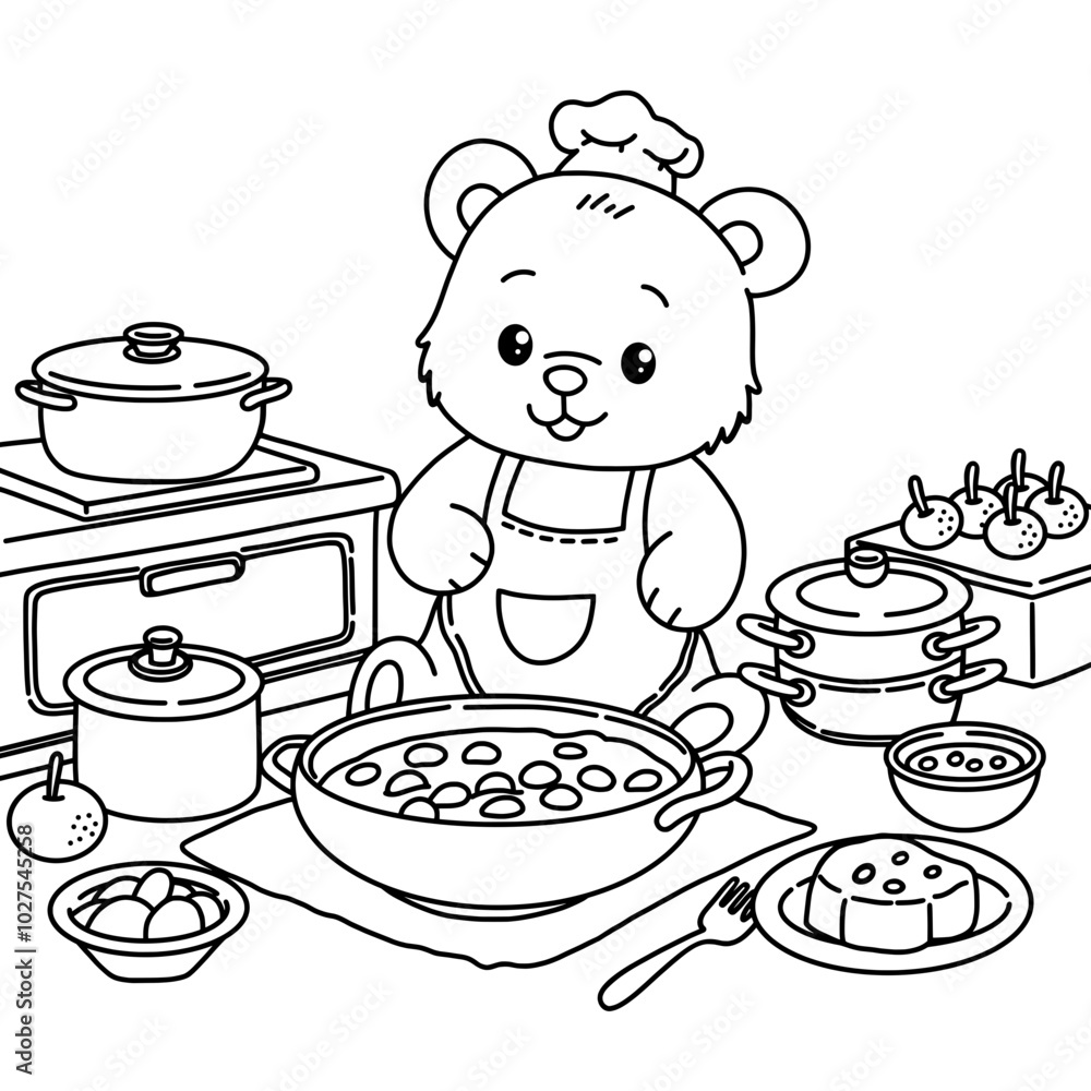 Cute bear is cooking, coloring page for kids, hand drawn, coloring book ...