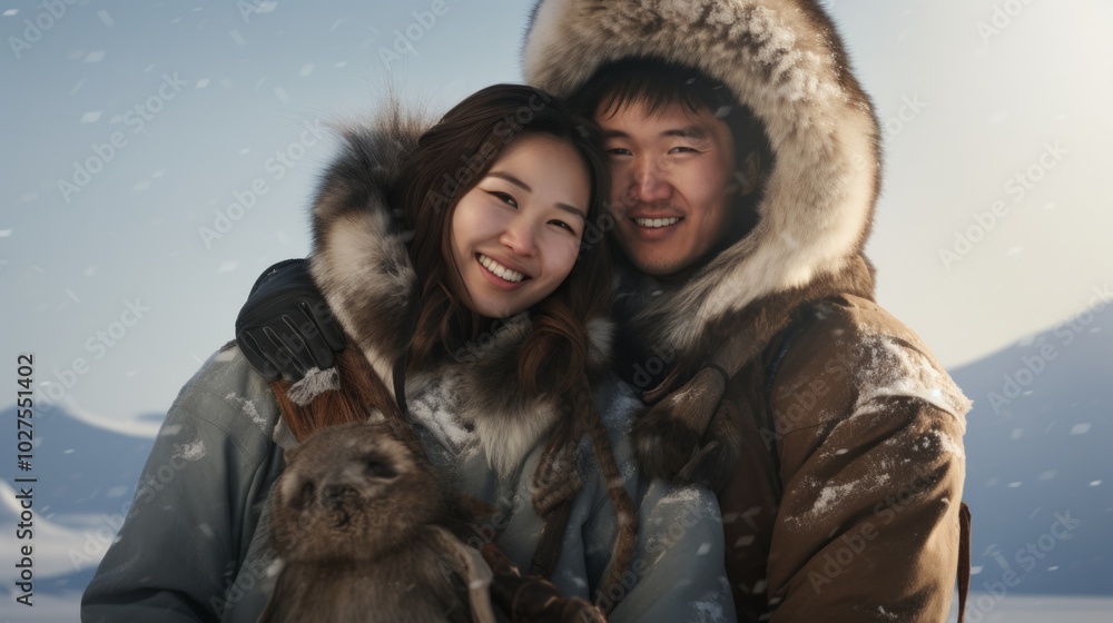 Eskimo couple of native eastern people in snowy area background. Neural ...
