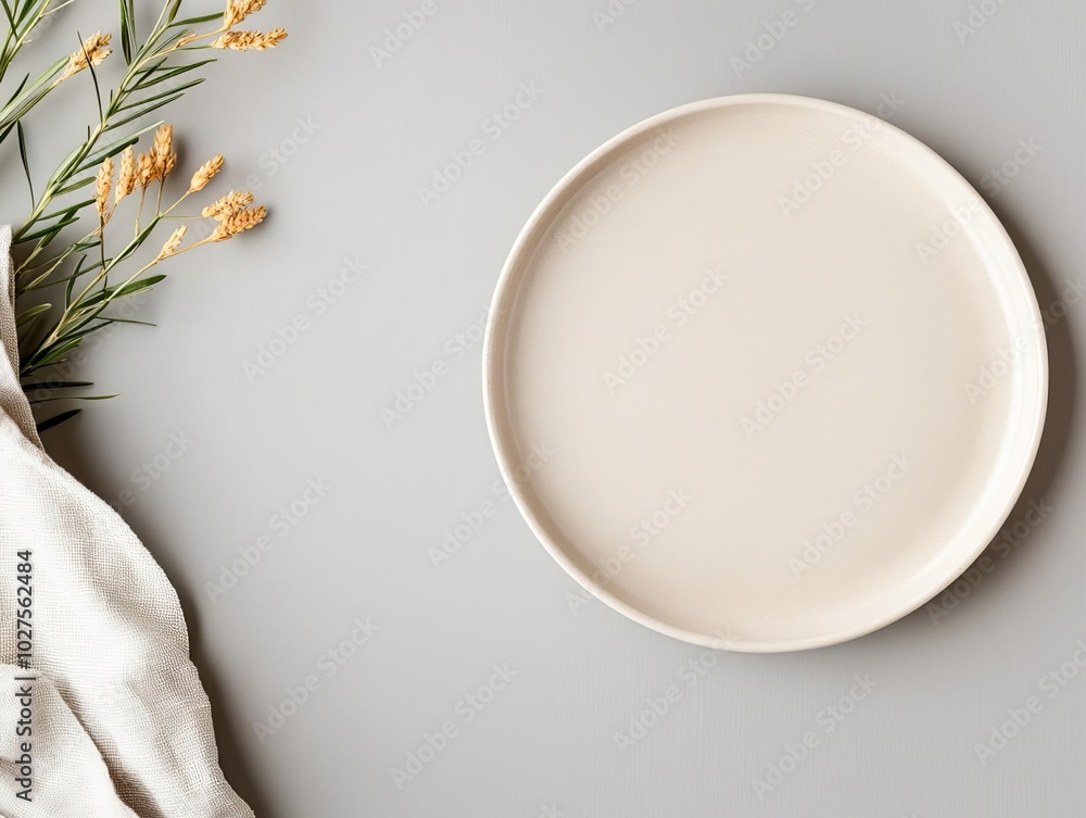 Minimalist top-view of a ceramic plate with a subtle sheen, centered on ...