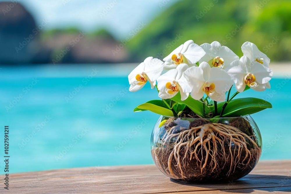 Photo Stock Orchid flowers in a terrarium, their roots and blooms ...