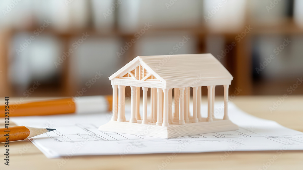 3D printed building model on blueprints, showing the process of turning plans into a tangible ...