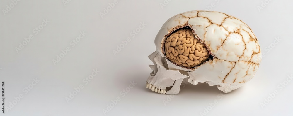 Traumatic head injury, human skull with brain inside, showing areas of ...
