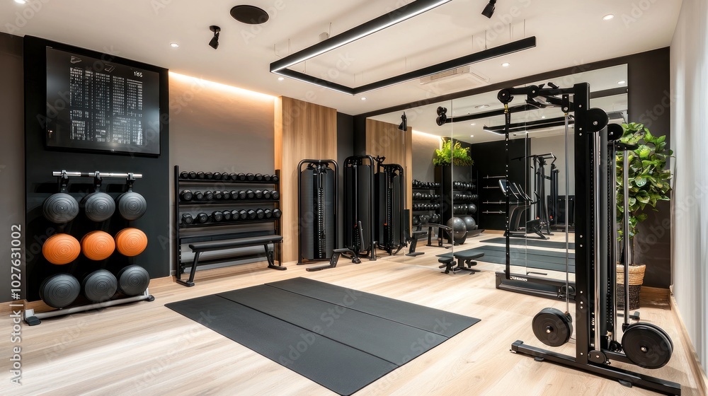 A boutique fitness studio with sleek gym equipment and minimalistic ...