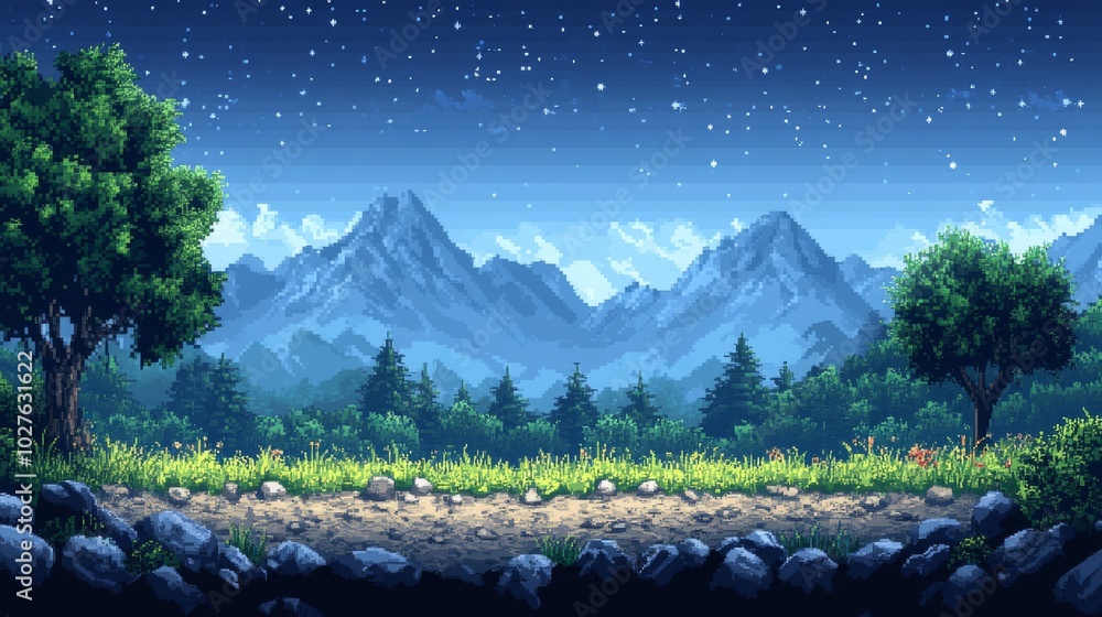pixel art game asset in front of a grassy path leading to a forest in ...