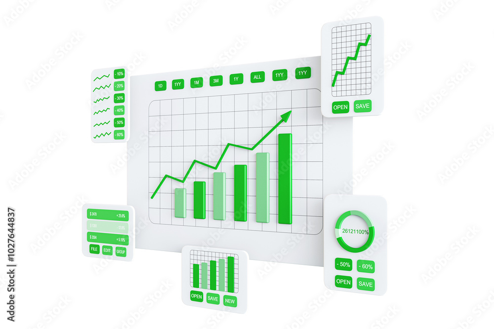 Green graph bars and statistics on white panels, white background ...