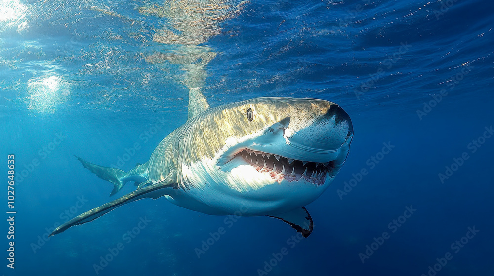 Powerful image of three great white sharks swimming in the deep blue ...